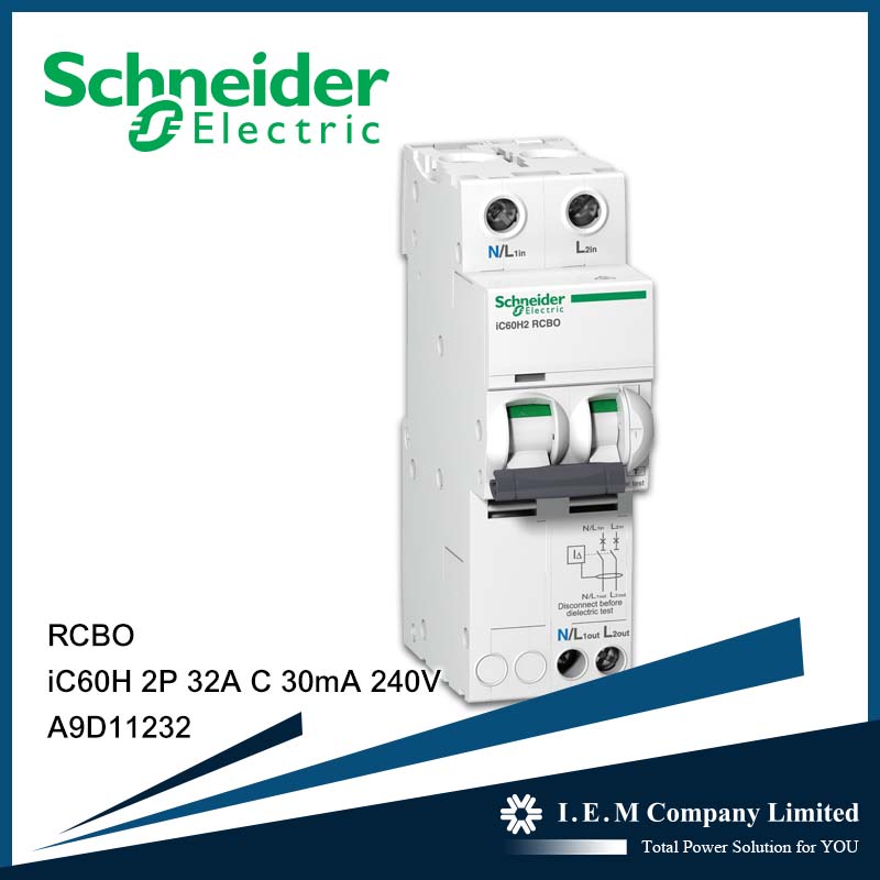 Schneider RCBO IC60H2 - earth leakage circuit breaker - 2P - C curve - 32 A - 30m A - 240 V ...