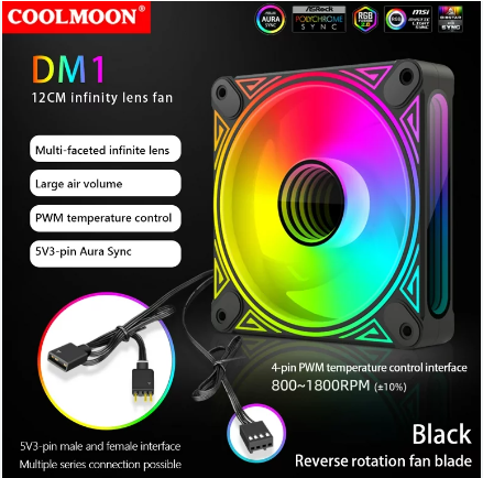 COOLMOON DM1 120mm Case Fan 5V 3PIN ARGB Aura Sync 12V 4PIN PWM Smart ...