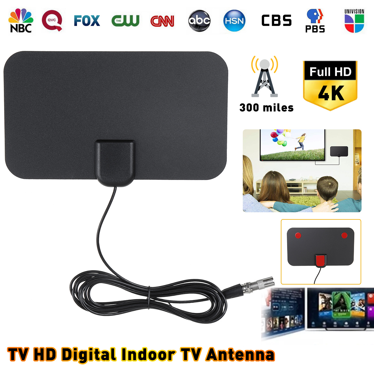300 Mile Antenna TV Digital HD Range Skywire Indoor 1080P 4K 16ft 300 ...