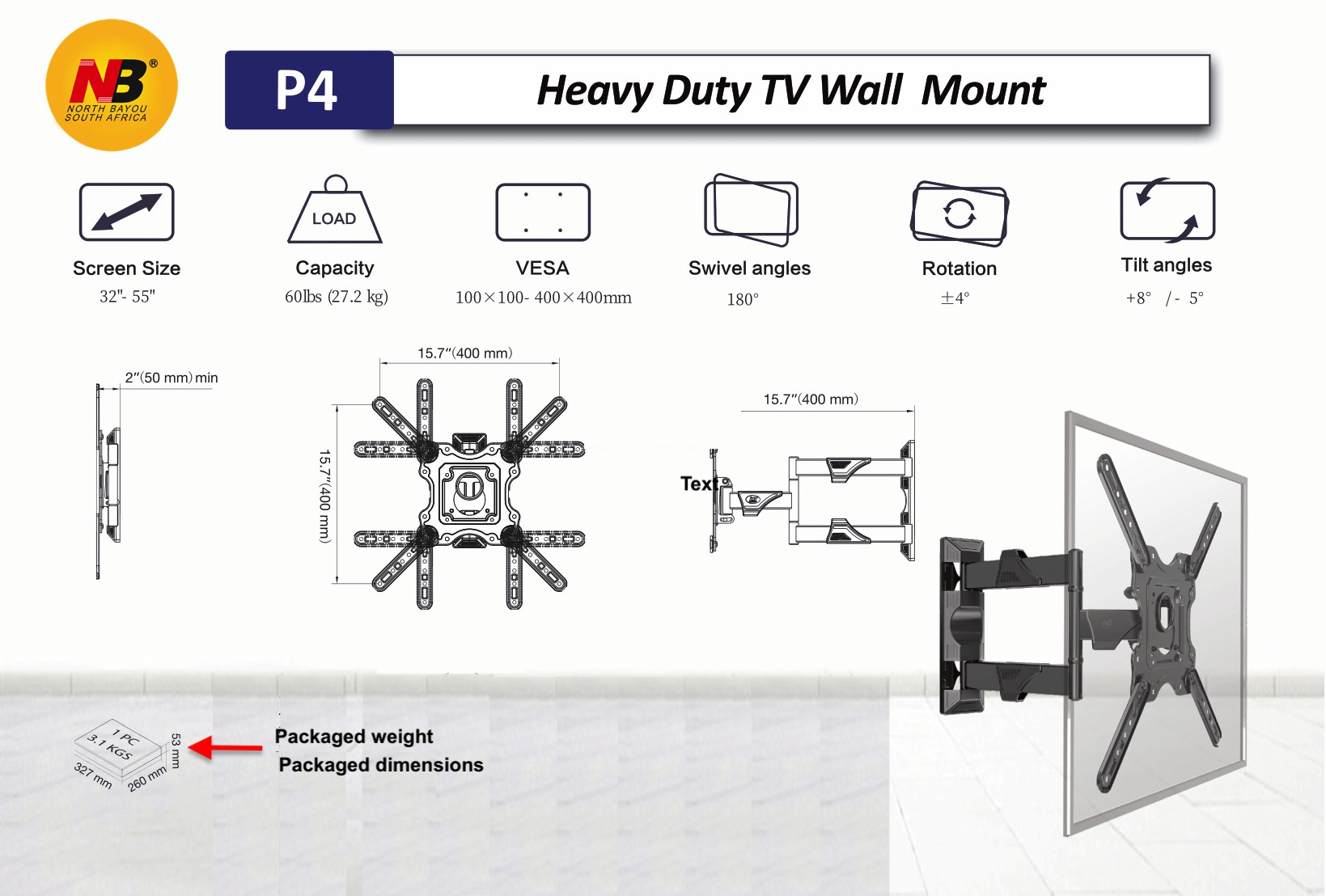 NB North Bayou Model P4 6 Way Swivel Tilt Wall Mount, TV Wall Mount for ...