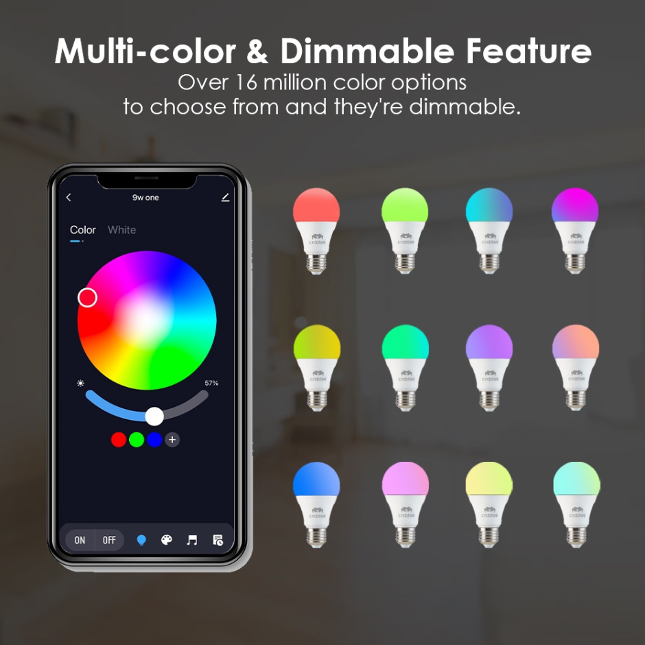 Crabtek Wi-fi & BT Smart Led Bulb 9W Beacon RGB CCT Dimming Bulb Color ...