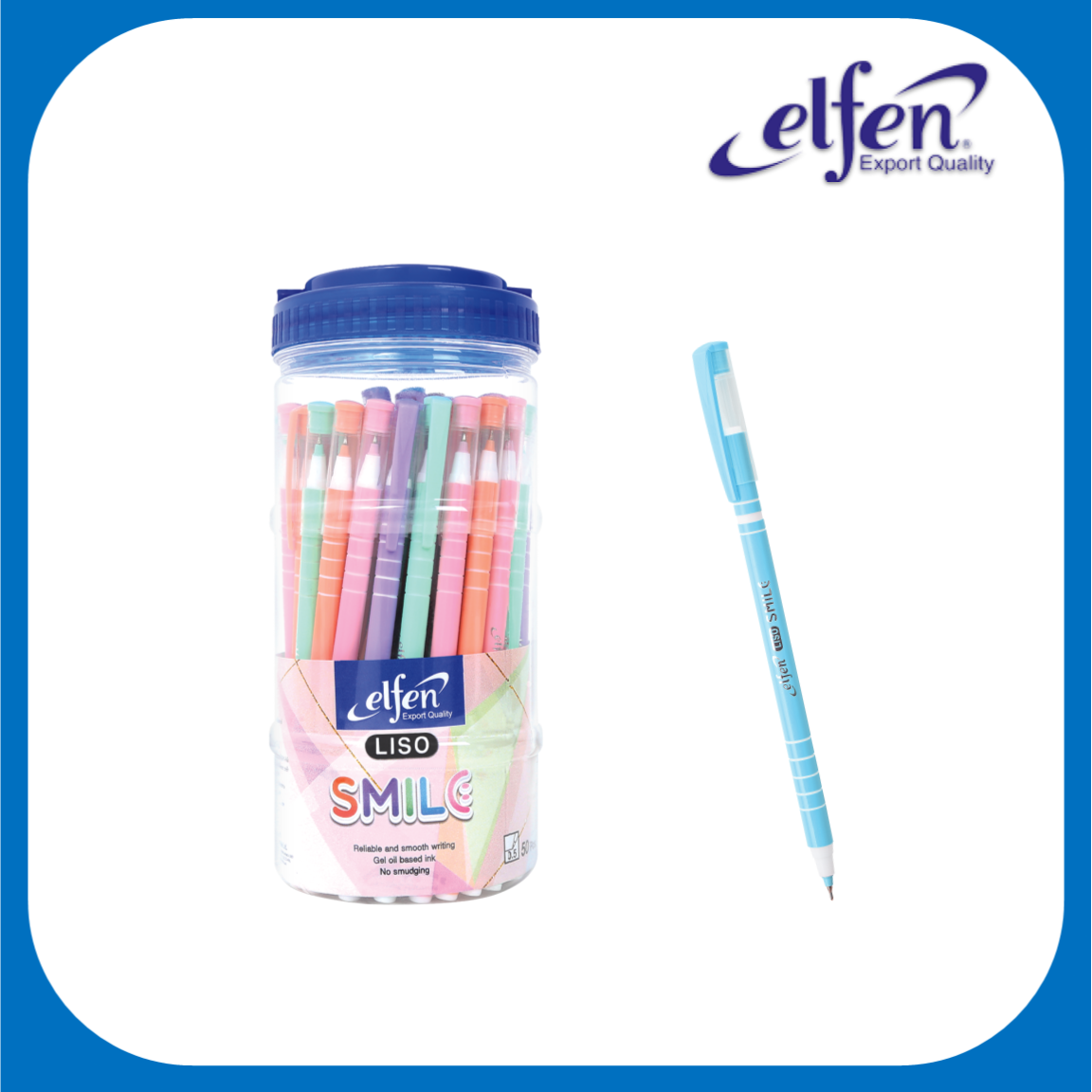 ELFEN BALL PEN LISO SMILE ASST BLUE (50 PCS/DRUM) | Shop.com.mm