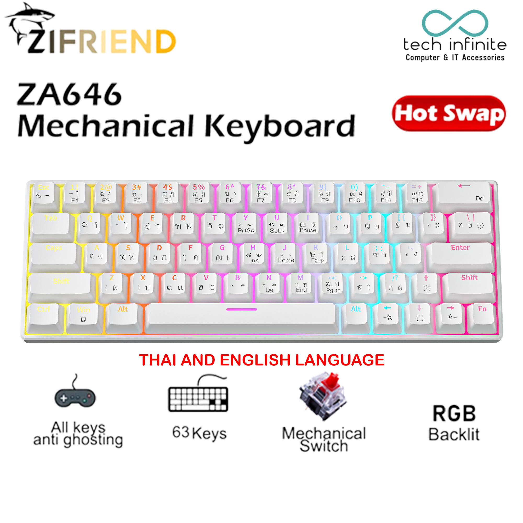 ZIFRIEND ZA646 (64 Keys) 60% Mechanical Keyboard Keyboard RGB Backlit ...