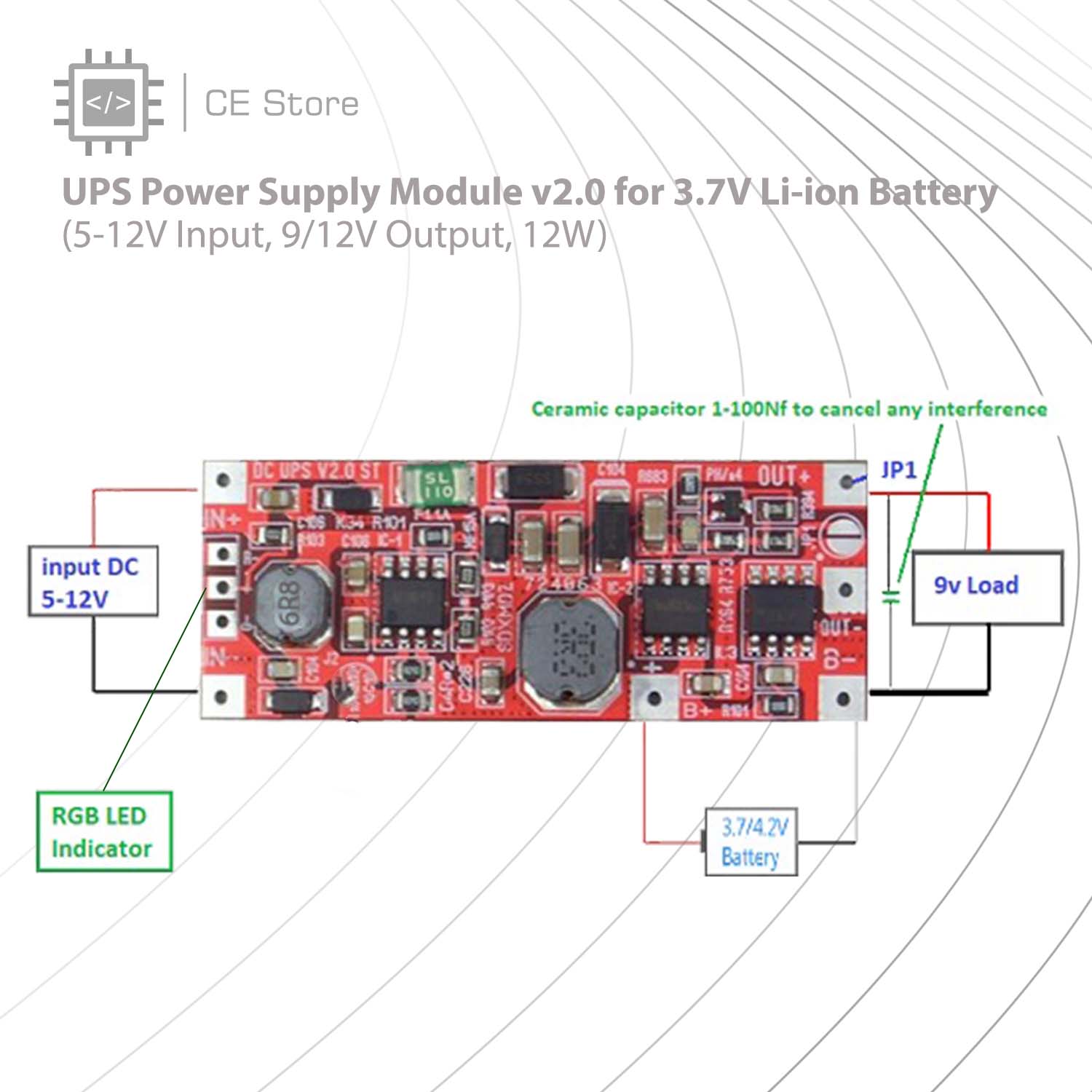UPS Power Supply Module v2.0 for 3.7V Li-ion Battery (5-12V Input, 9 ...
